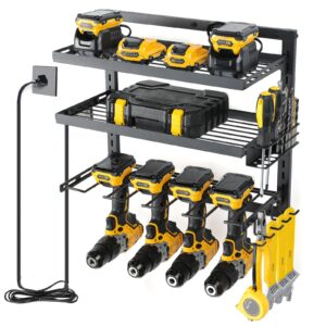 cofit power tool organizer, power drill tool holder with charging station, wall mount tool storage organizer, 3-tier adjustable height iron tool rack for garage organization and workshop