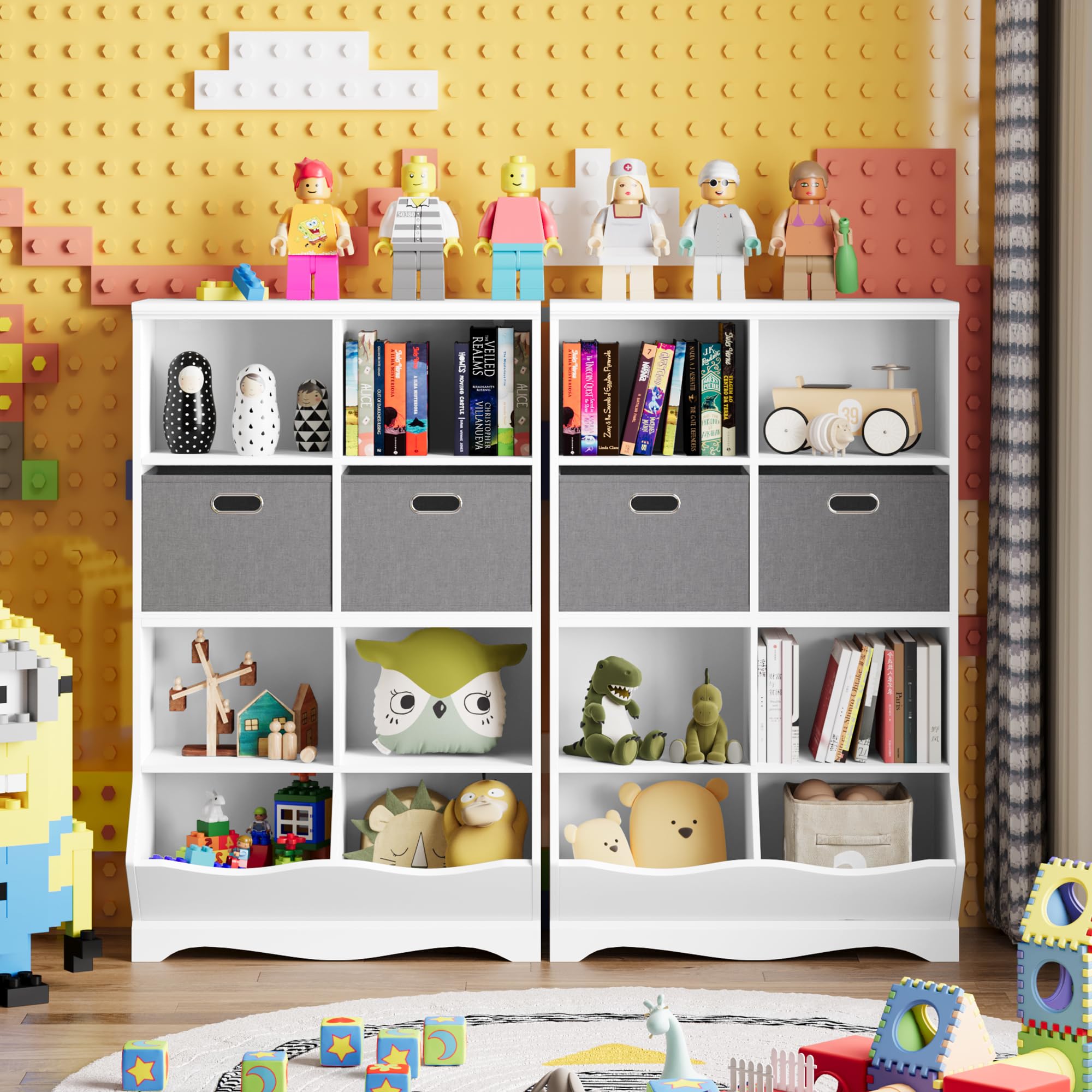 BOTLOG White Toy Storage Organizer, Children Bookcase and Bookshelf with 2 Bins and Cubbies, Toddler 8 Cubby Toy Storage Cabinet for Boys Girls, Kids Room, Playroom, White