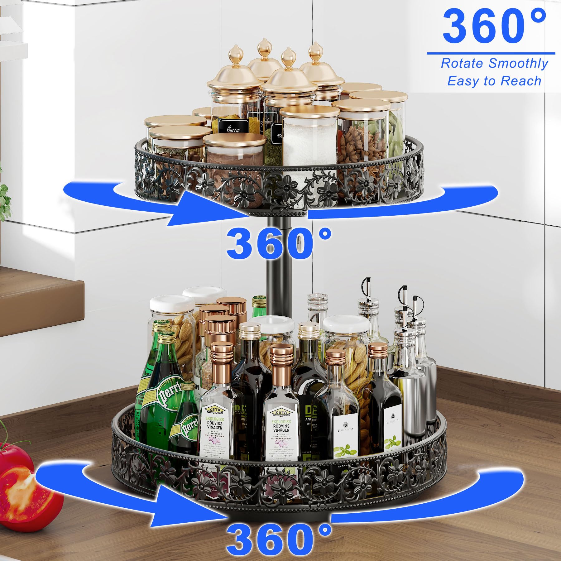 iBedmazie Lazy Susan Organizer 2 Tier Adjustable Height Metal Spice Rack 12 inch Large Rotating Turntable for Kitchen Countertop Dining Table Cabinet Pantry Cupboard Bathroom Storage