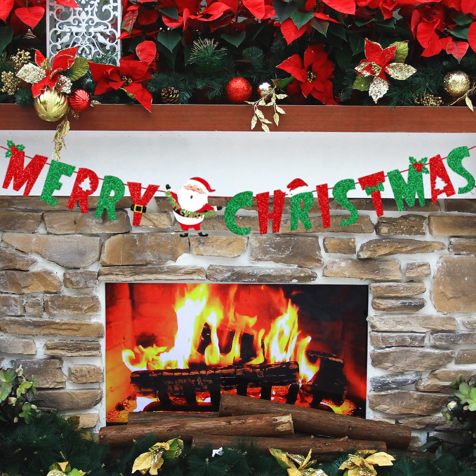 Comelodiant Merry Christmas Banner Glitter Christmas Banner Red &Green Christmas Bunting Banner Sign for Xmas Decorations Indoor Christmas Home Wall Fireplace Mantel Décor