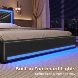 King Size Bed Frame with Storage Drawers & LED Lights Headboard, Faux Leather Platform Bed with USB-C Charging Station, Solid Wooden Slats, No Box Spring Needed, PU Black