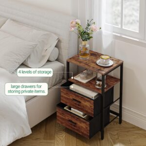 Hzuaneri End Table, Nightstands with 2 Fabric Storage Drawers and Shelves, Side Table, Bedside Tables with Open Storage Shelf for Bedroom, Office, Rustic Brown NS30701B