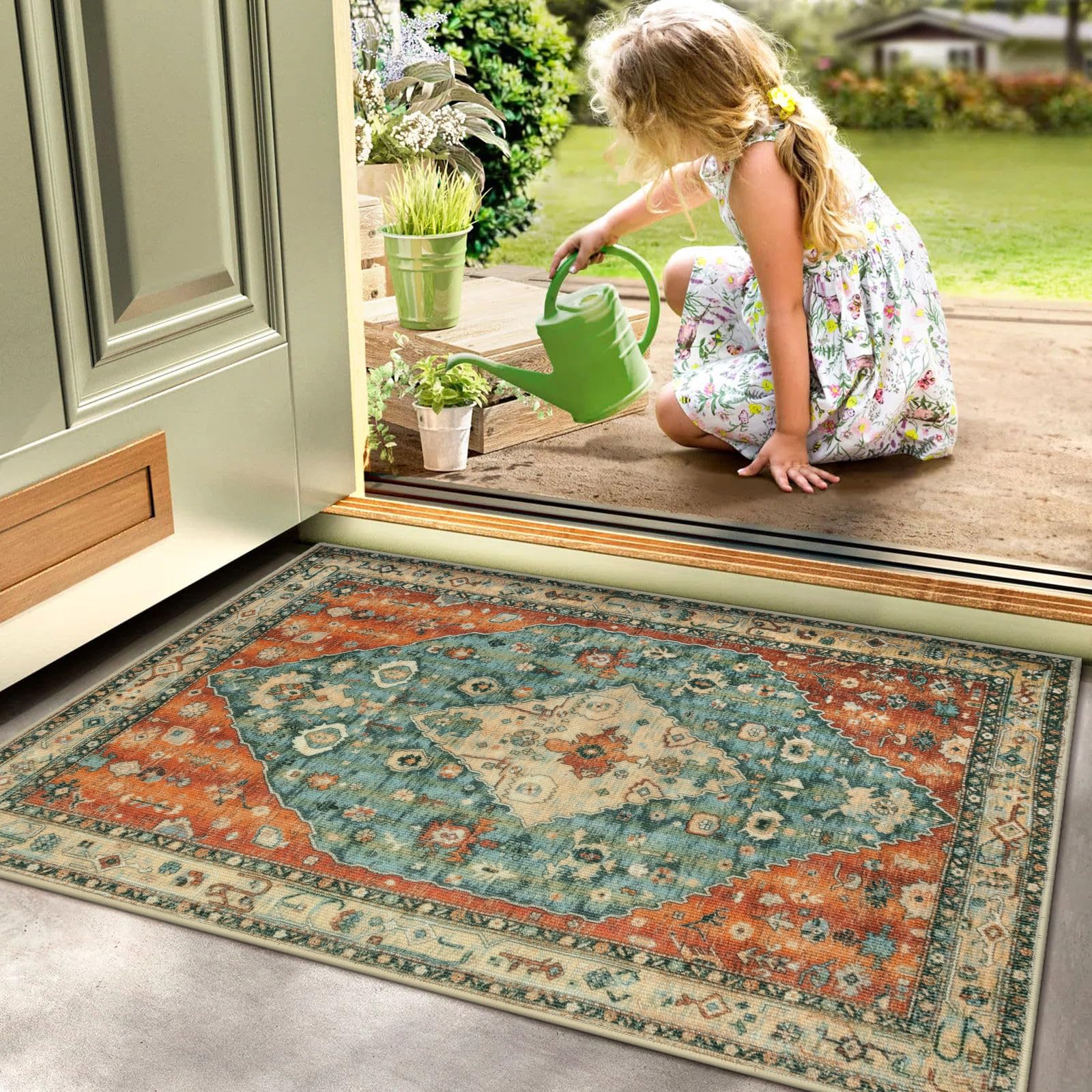 Lahome Washable Indoor Doormat, Non-Slip Retro Entryway Rug 32"x47" Floor Mat Boho Retro Entry Rugs Inside House, Absorbent Low-Pile Kitchen Rugs Distressed Front Door Mat Welcome Mats