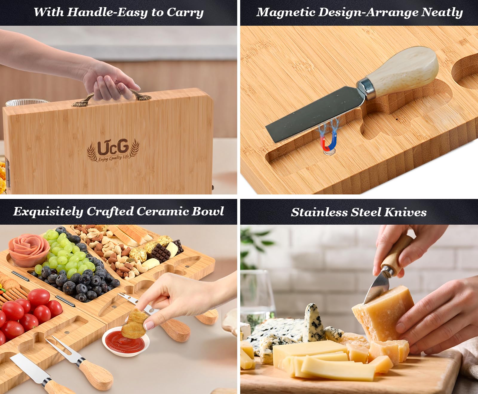 UTCG Bamboo Charcuterie Board Set - Large Folding Cheese Board with Knife Set - Unique White Elephant Gift, House Warming Gift, Wedding Gift - 22.8 x 11.4 Inches