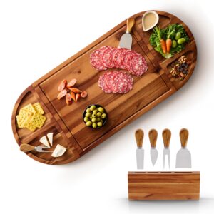 30 inch large acacia wood charcuterie board with 4 knives set, magnetic - 3 parts wooden round tray for cheese - long appetizer board for serving food platter cracker snack