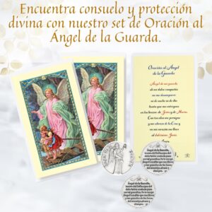 Spanish Catholic Guardian Angel Prayer Card - with Guardian Angel Coin - Laminated Double Sided Guardian Angel Holy Card, Guardian Angel Token - Angel De La Guarda Oracion Tarjetas - 6 Items Total