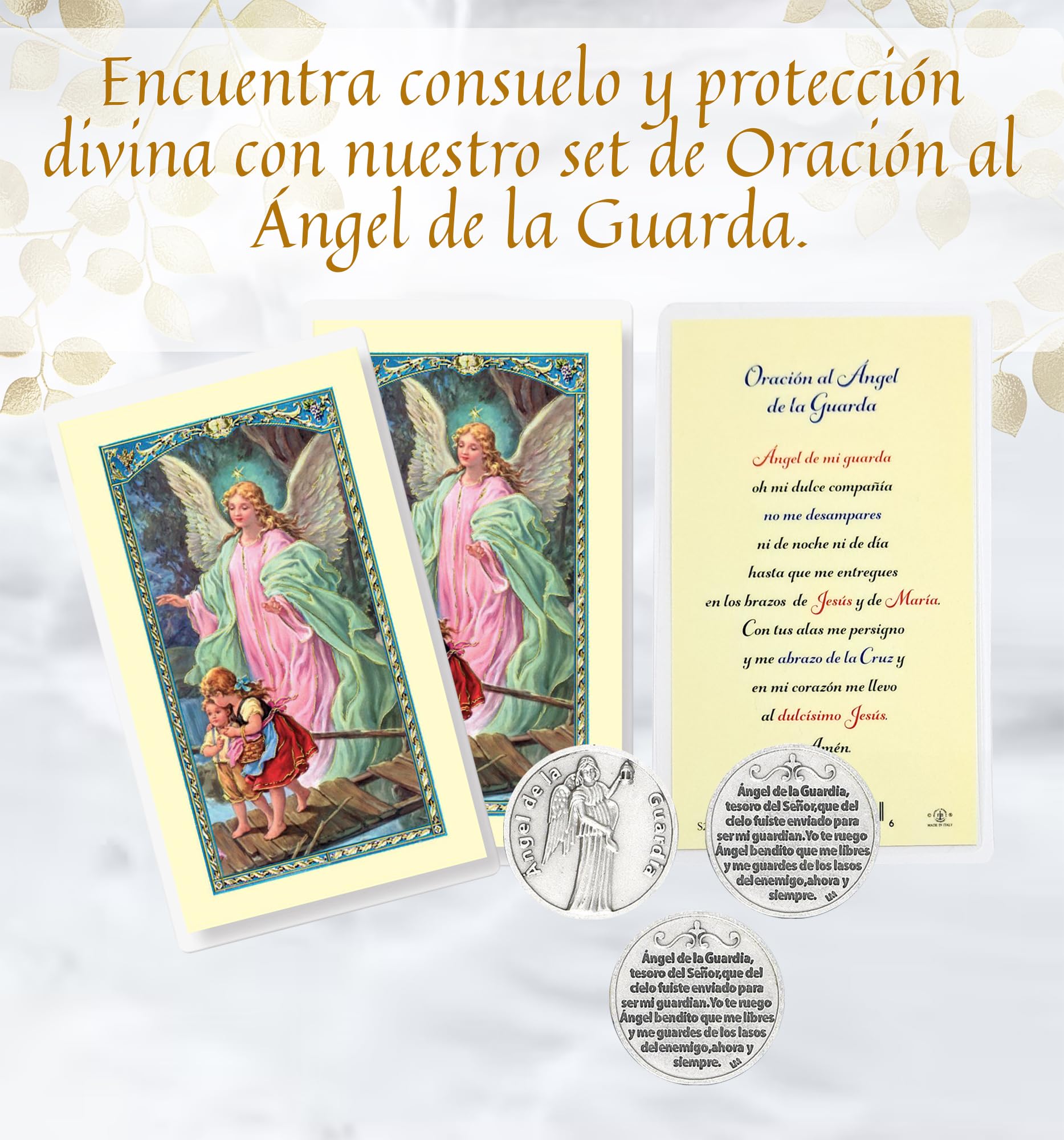 Spanish Catholic Guardian Angel Prayer Card - with Guardian Angel Coin - Laminated Double Sided Guardian Angel Holy Card, Guardian Angel Token - Angel De La Guarda Oracion Tarjetas - 6 Items Total