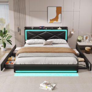 King Size Bed Frame with Storage Drawers & LED Lights Headboard, Faux Leather Platform Bed with USB-C Charging Station, Solid Wooden Slats, No Box Spring Needed, PU Black