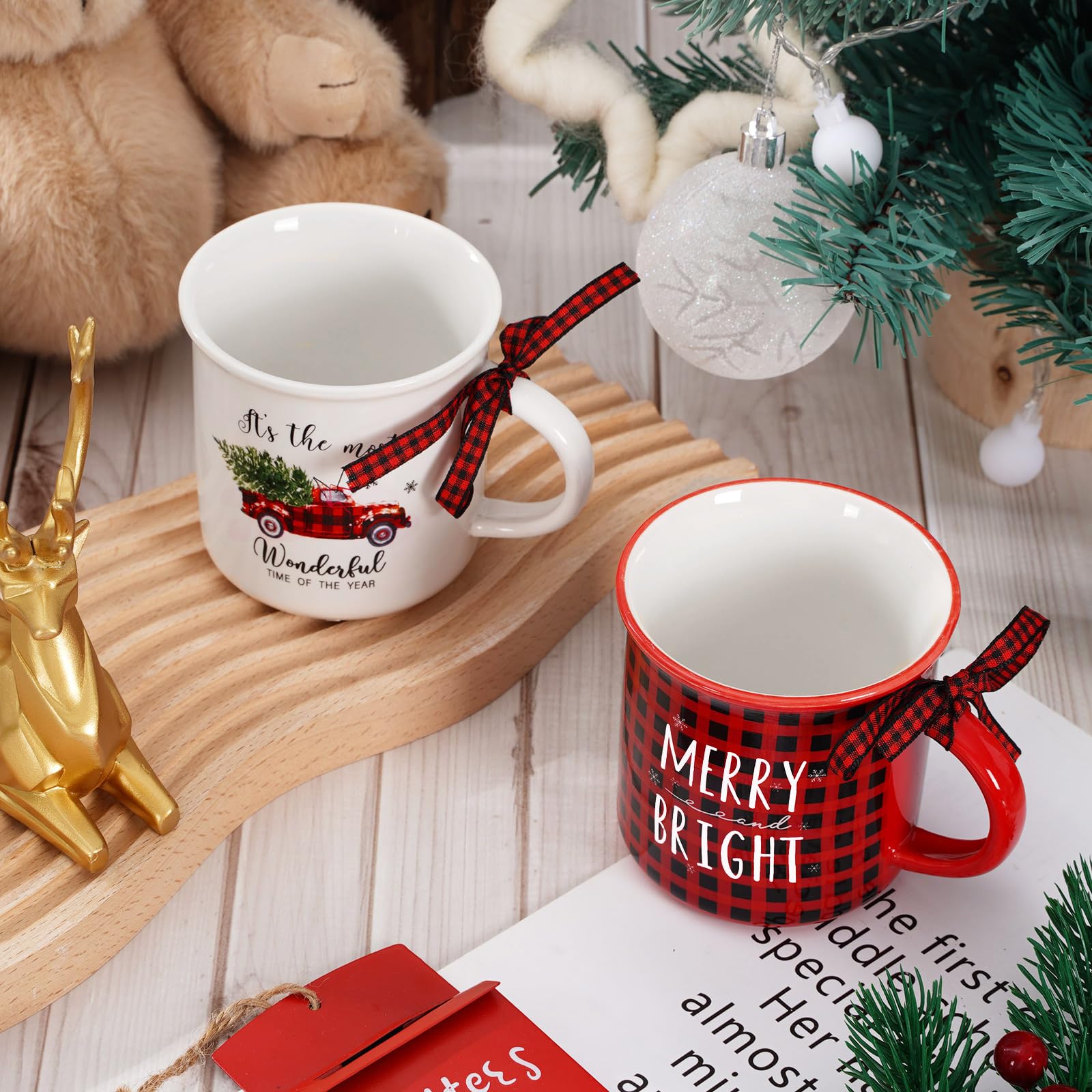 Whaline 4Pcs Christmas Mini Mugs with Plaid Ribbon Red Black Plaid Xmas Tree Truck Snowflake Mini Coffee Mug Merry Christmas Party Cups for Table Centerpieces Tiered Tray Decor Gifts