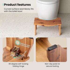 HOLANA Acacia Poop Stool for Bathroom Adults - 7.2" Squatting Toilet Stool for Kids - Pooping Stool Squat with Anti Slip Layer - Bathroom Stools for Sitting/Travel (Acacia Wood Foldable)