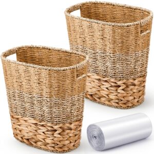 ziliny 2 pcs wicker trash can with 50 small trash bag wicker waste woven basket with handles clear multi use garbage bags for bathroom kitchen bedroom