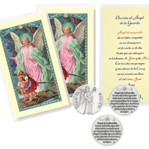 Spanish Catholic Guardian Angel Prayer Card - with Guardian Angel Coin - Laminated Double Sided Guardian Angel Holy Card, Guardian Angel Token - Angel De La Guarda Oracion Tarjetas - 6 Items Total