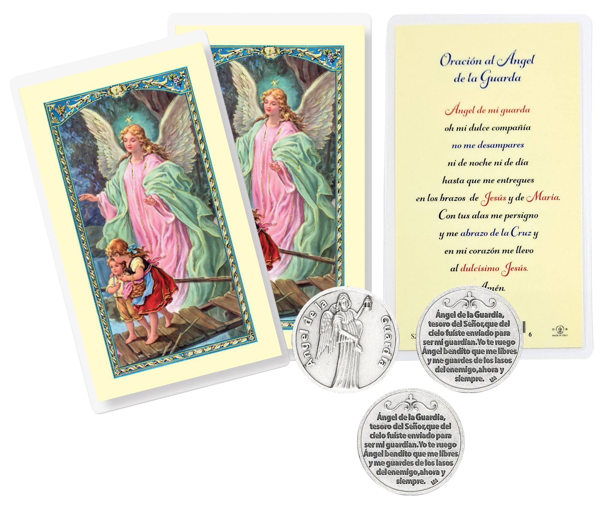 Spanish Catholic Guardian Angel Prayer Card - with Guardian Angel Coin - Laminated Double Sided Guardian Angel Holy Card, Guardian Angel Token - Angel De La Guarda Oracion Tarjetas - 6 Items Total