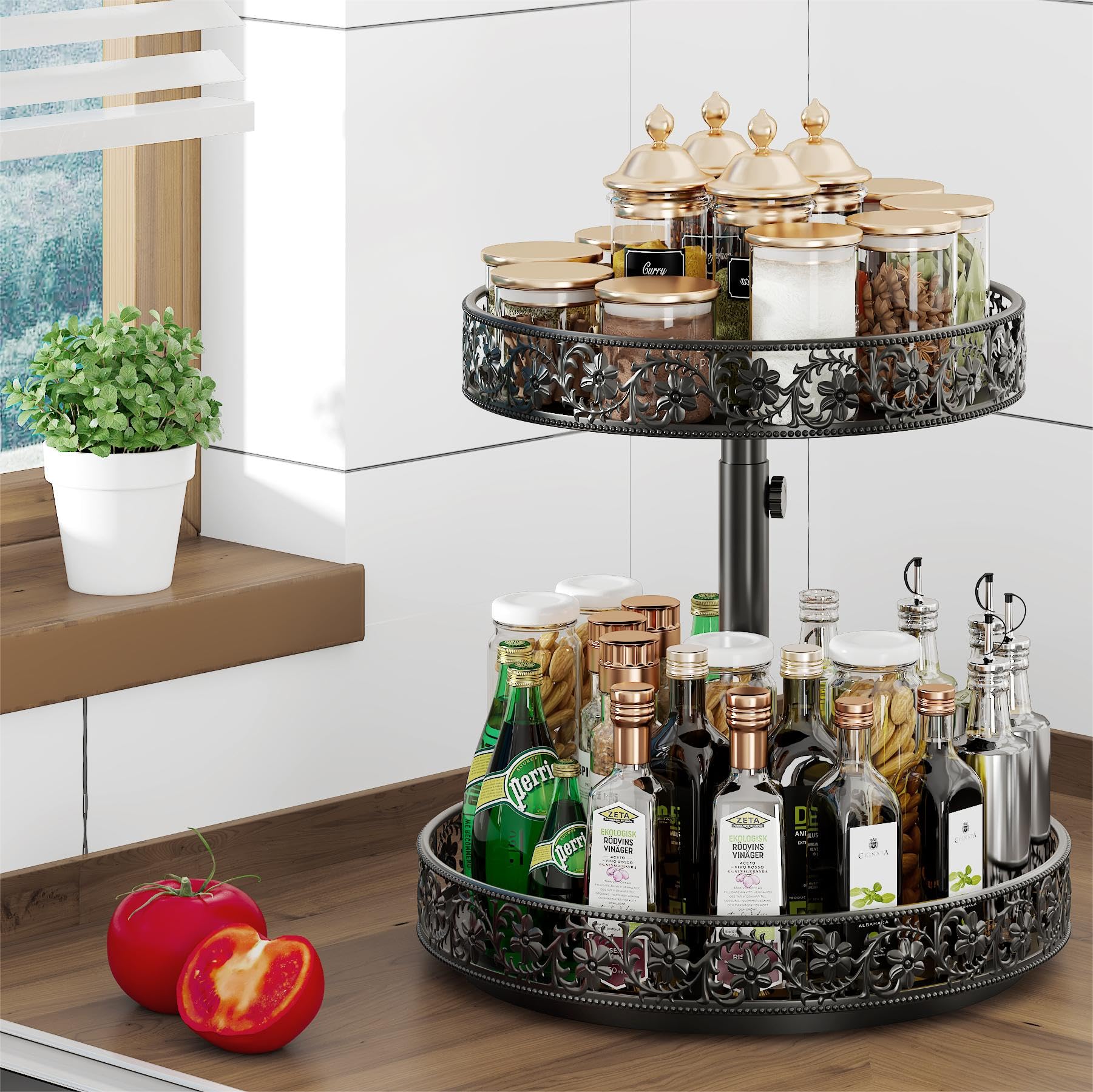 iBedmazie Lazy Susan Organizer 2 Tier Adjustable Height Metal Spice Rack 12 inch Large Rotating Turntable for Kitchen Countertop Dining Table Cabinet Pantry Cupboard Bathroom Storage