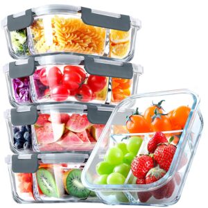 verones 5 pack glass meal prep containers 3 compartment set, 36oz airtight glass lunch containers, glass food storage containers with lids, for microwave, oven, freezer & dishwasher friendly,grey