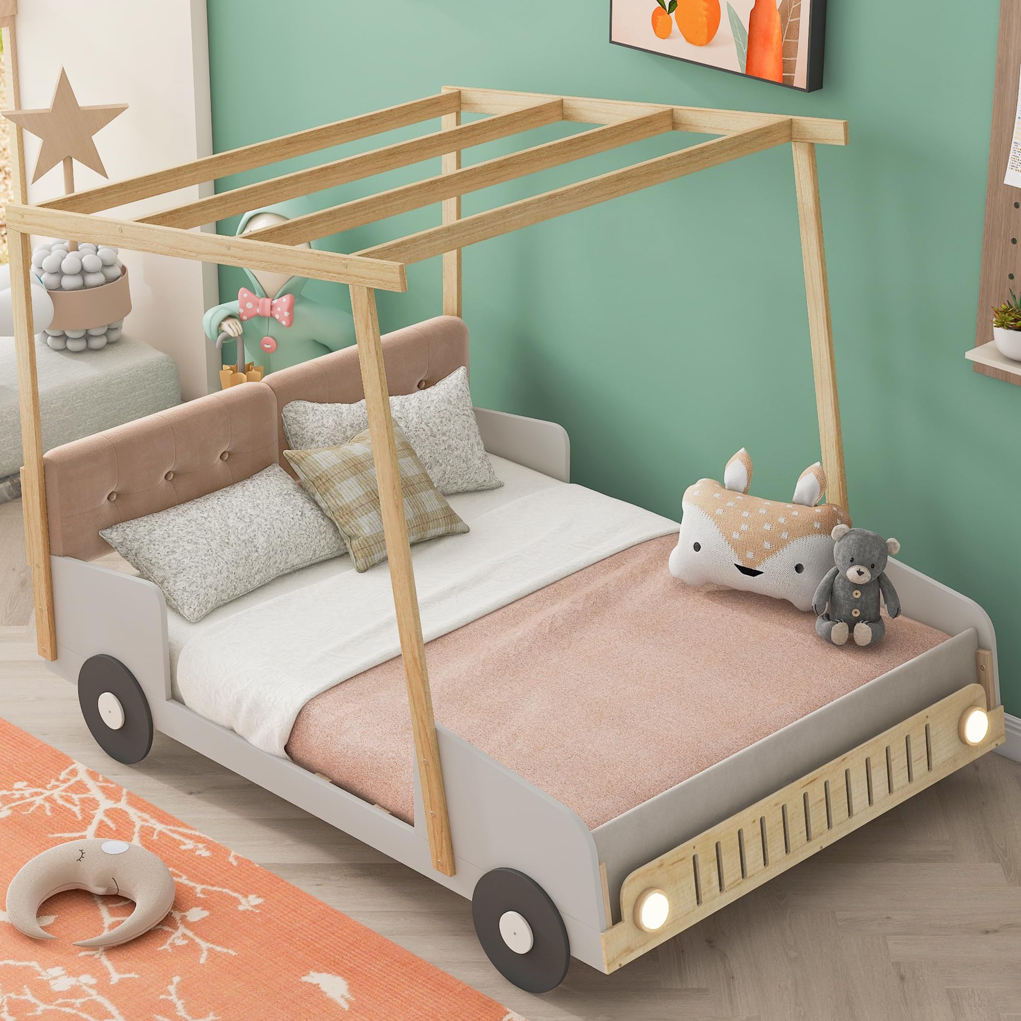 Aiuyesuo Classic Full Size Car-Shaped Platform Bed with Wheels and Ceiling Cloth, Solid Wood Low Bed Frame with Pillow and LED Lights, Cute Floor Bed for Kids Boy Girls