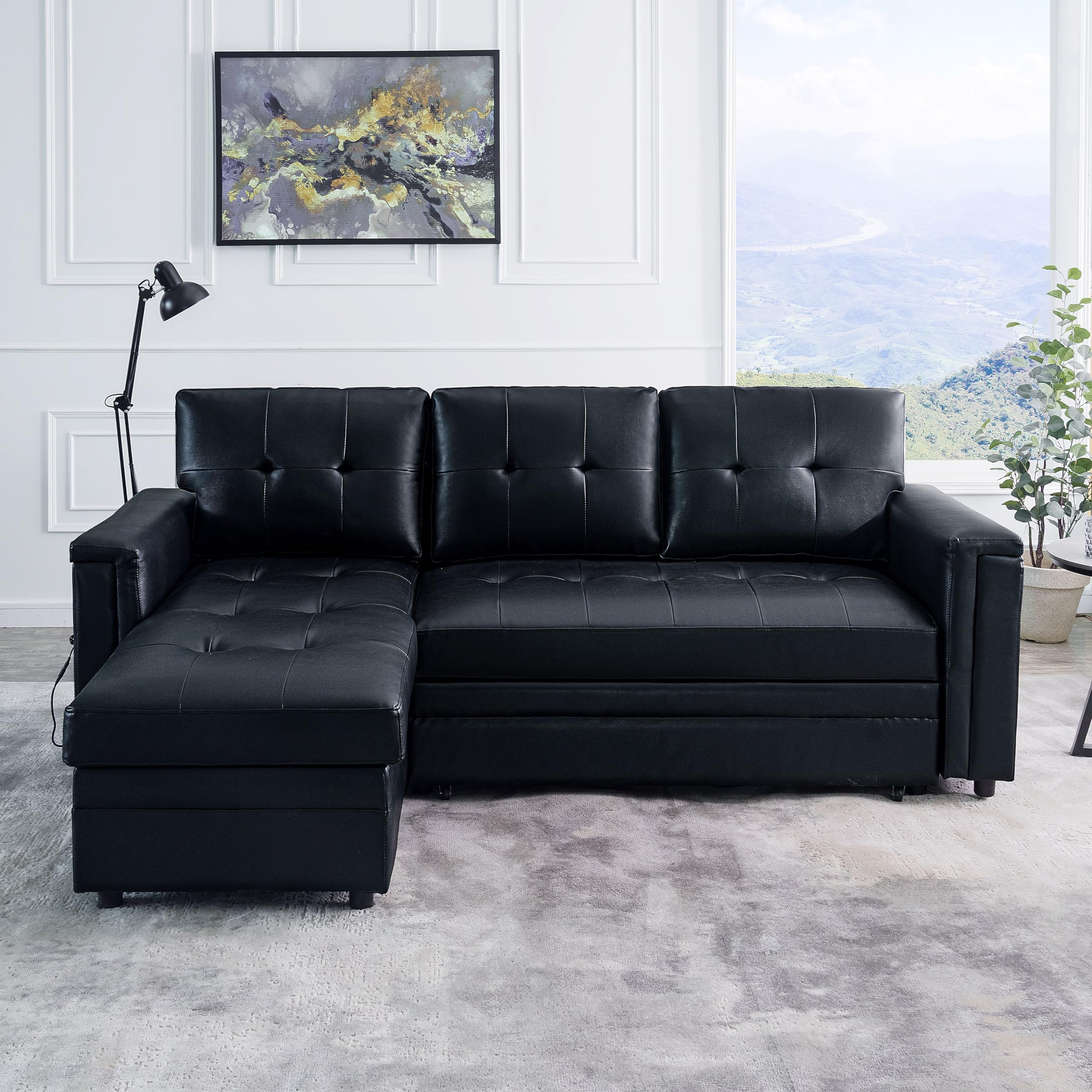 Naomi Home Lily Sectional Sleeper Sofa with USB Ports-L-Shaped Couch Convertible Pull-Out Bed, Ample Storage,Timeless Design,Sturdy Construction,Long-Lasting for Modern Living,Black, Air Leather