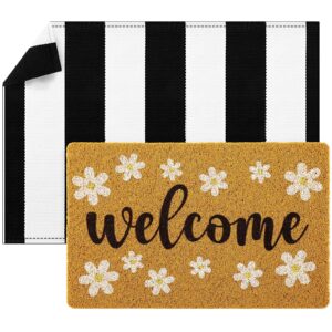 honoson 2 pcs welcome doormat daisy doormat funny summer doormat black and white stripe doormat front door decoration with non-slip backing rug for housewarming gift home kitchen indoor outdoor