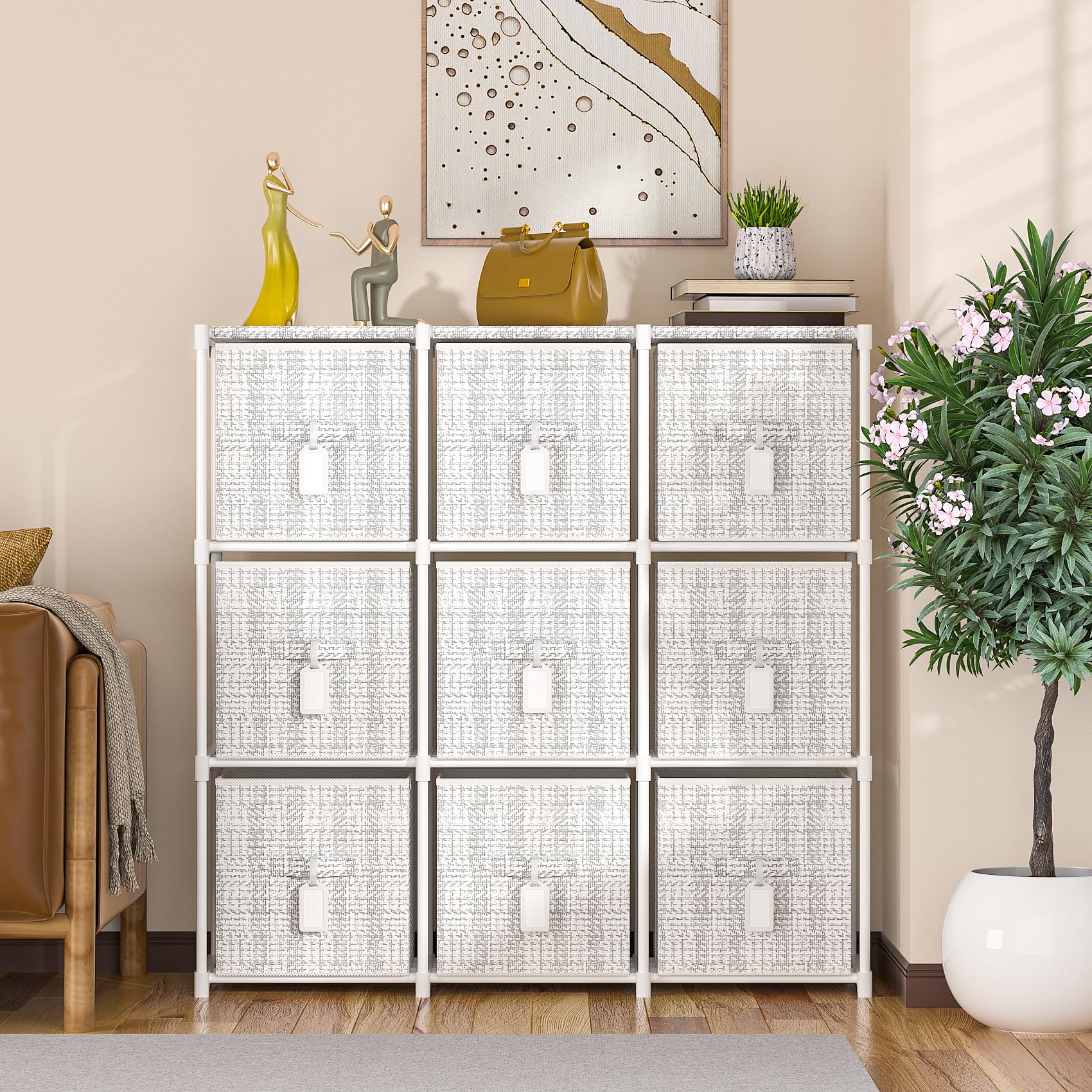 LUKYTOWER 9 Cube Storage Organizer with Printed Drawers, Toy Cubby Storage for Closet, Living Room, Dorm - White