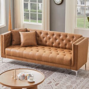 hifit 79'' modern sofa couches for living room, 3 seater sofa with deep seats and 2 pillows, handmade button tufted leather couch for apartment | office 79''w x 30''d x 30''h, brown