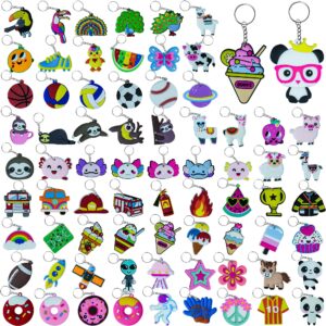 75pcs cartoon keychains bulk for kids adorable backpacks keychains donut, ball, desserts, axolotl, sloth, rainbow bulk key chains for school day classroom prizes birthday party favors