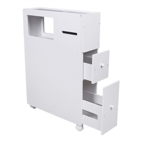 Xuthusman Slim Bathroom Floor Cabinet Toilet Storage Organizer W/Shelf Free Standing Cabinet with Slide Out 2 Drawer and Wheels White