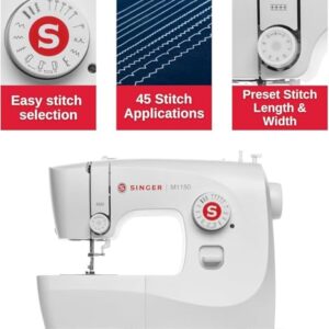 SINGER M1150 Lightweight & Portable Sewing Machine With 45 Stitch Applications, LED Light & 1-step Buttonhole | Used for Mending and Sewing