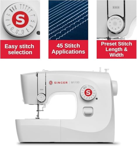 SINGER M1150 Lightweight & Portable Sewing Machine With 45 Stitch Applications, LED Light & 1-step Buttonhole | Used for Mending and Sewing