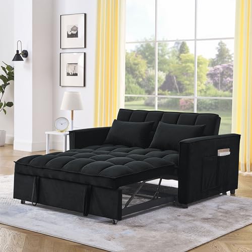 FULife Convertible Loveseat Futon Sofa Couch with Pull-Out Sleeper,Recliner Lounge Sofá Bed Chair,Love Seat Sofabed w/Adjustable Reclining Backrests,Side Pockes&Pillows for Apartment RV Living Room