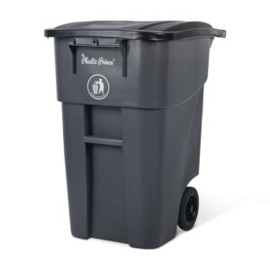 plastic prince 50 gallon rollout trash can with lid, commercial heavy-duty whelled outdoor garbage can, gray