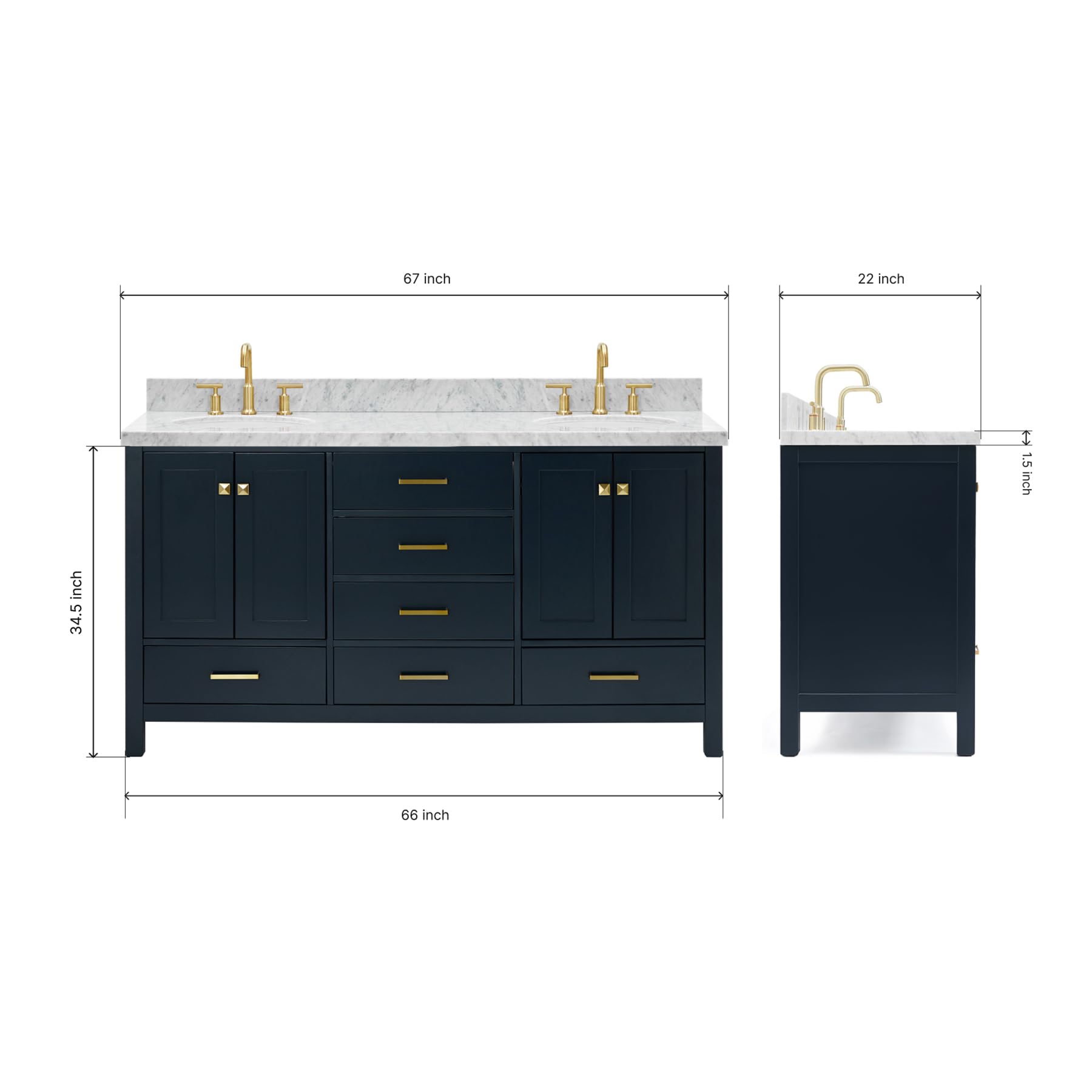 ARIEL 67" Midnight Blue Double Bathroom Vanity with 1.5" Edge Italian Carrara Marble Countertop & Splash, 2 Oval Sinks, 4 Soft Closing Doors, 6 Full Extension Dovetail Drawers, Satin Brass