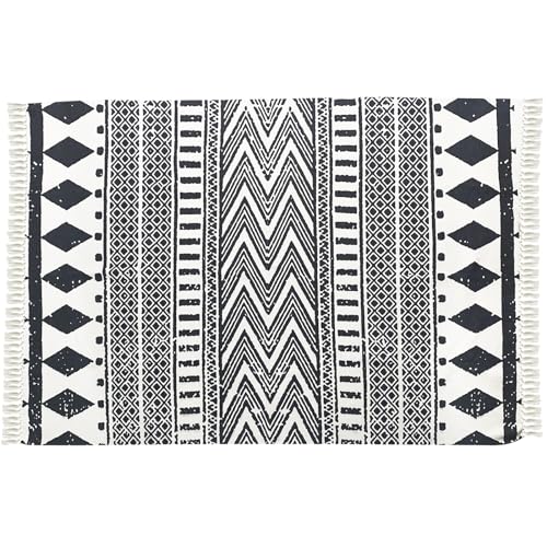 USTIDE Ultra Large Bohe Area Rug Large Hand Woven Black and White Cotton Rugs with Tassels Printed Geometric Tribal Rug for Living Room, Bedroom, Laundry Room, Entryway （63x90Inches）