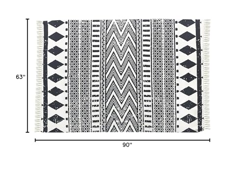 USTIDE Ultra Large Bohe Area Rug Large Hand Woven Black and White Cotton Rugs with Tassels Printed Geometric Tribal Rug for Living Room, Bedroom, Laundry Room, Entryway （63x90Inches）