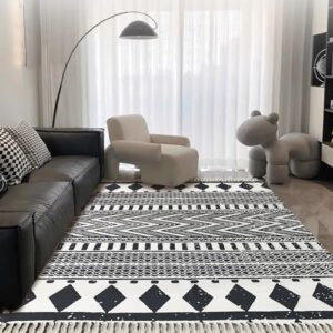 ustide ultra large bohe area rug large hand woven black and white cotton rugs with tassels printed geometric tribal rug for living room, bedroom, laundry room, entryway （63x90inches）