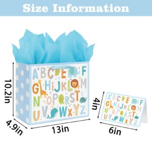 13" Large Baby Boy Gift Bag with Tissue Paper and Greeting Card for Baby Shower Birthday (ABC Alphabet Animal)