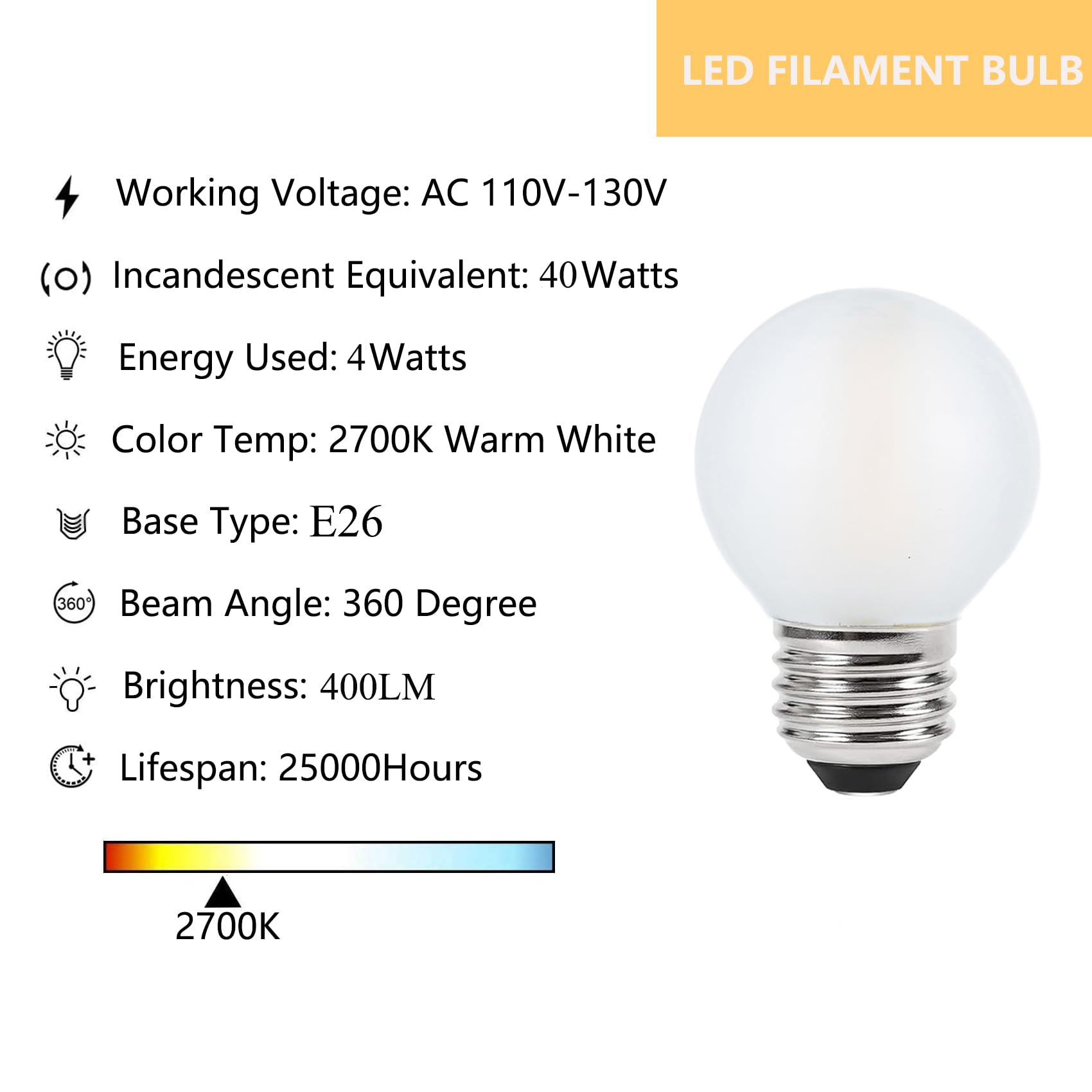 Sunaiony Frosted E26 LED Bulb 4W Dimmable Warm White 2700K, 40 Watt Equivalent LED Light Bulbs, G16.5 Edison LED Frosted Globe Light Bulbs, Vintage Light Bulbs for Chandelier, Pendant, Vanity, 6Pack