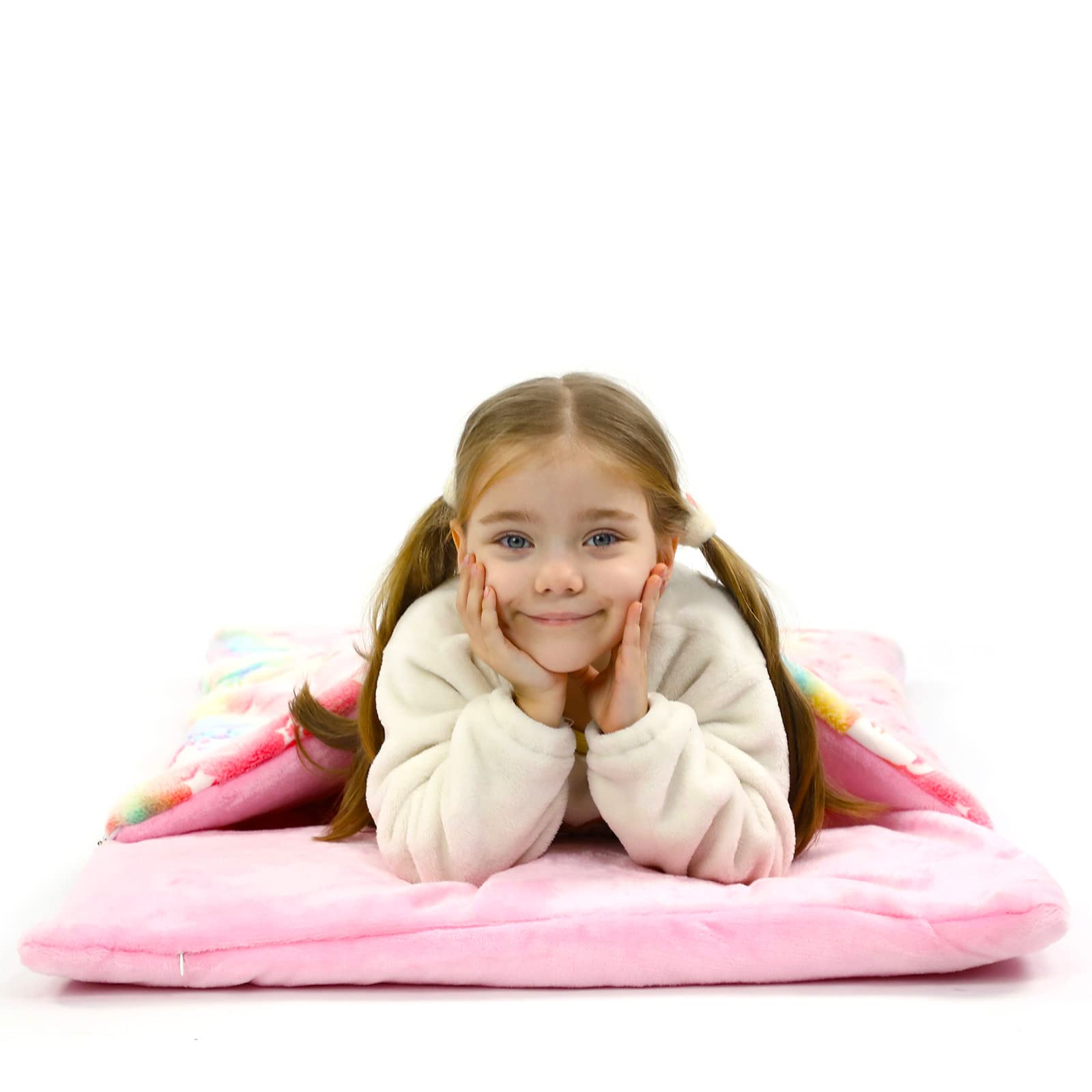 Sleeping Bag for Kids with Pillow Pocket, Toddler Nap Mat 63" x 30" Slumber Bag Glow in The Dark Blanket Fluffy with Padded Mat for Boys, Girls, Daycare, Preschool, Sleepover,Unicorn