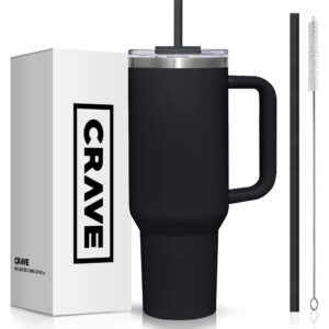 crave cups 40oz tumbler with lid and straw l reusable spill proof double wall insulated stainless steel water bottle travel mug l cupholder friendly vacuum sealed tumbler with handle (obsidian)