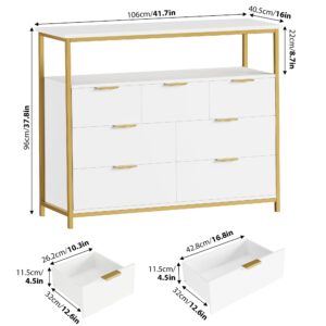 FACBOTALL Modern 7 Drawer Dresser, White Dresser with Metal Handles, White and Gold Dresser, Tall Dresser Chest of Drawers, Large Capacity Chest Storage Organizer for Living Room, Entryway, White.