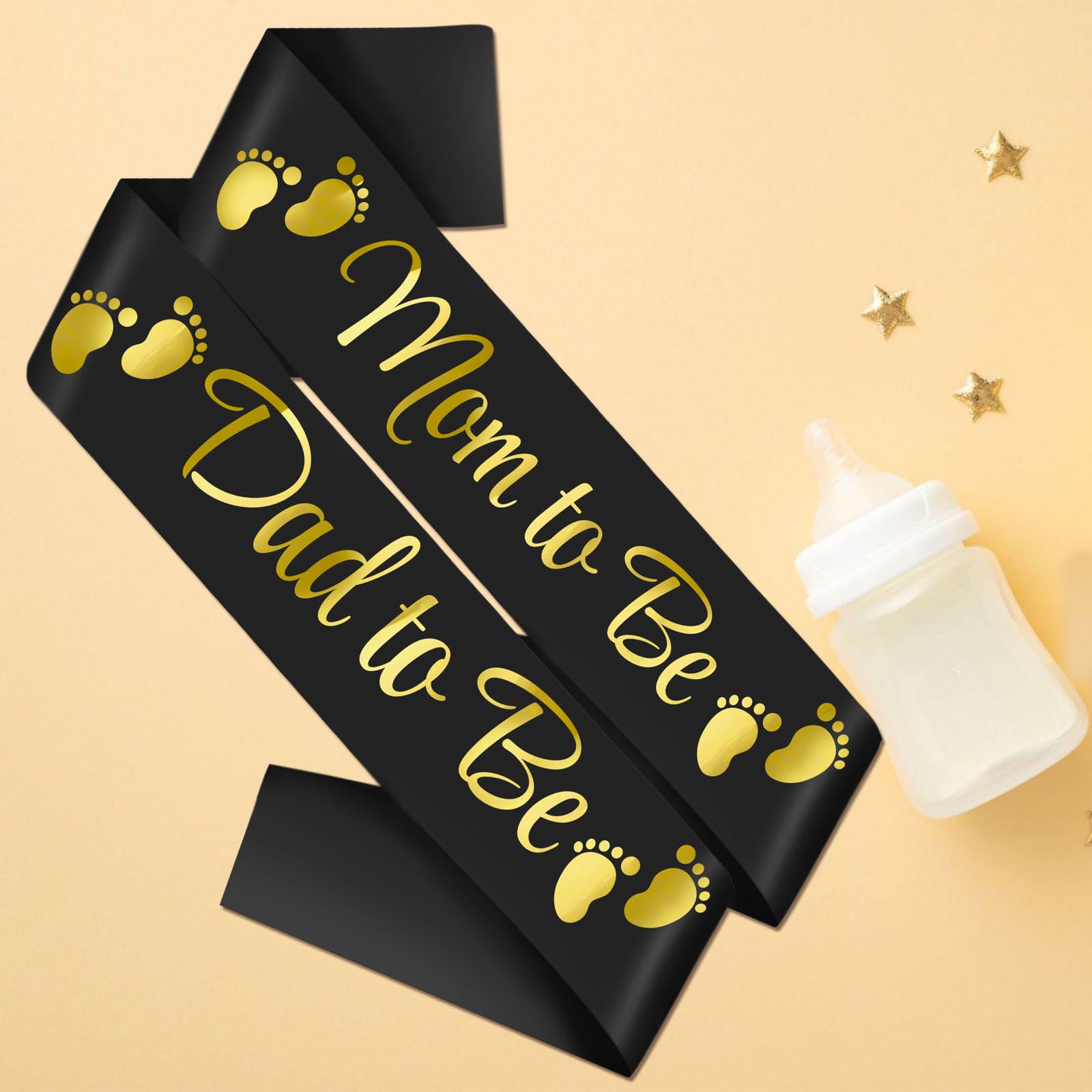 2pcs Mom to be and Dad to be Baby Shower Sash，Black Satin with Gold Letters Sash for New Mom Dad Baby Shower Party Gender Reveal Supplies Decorations