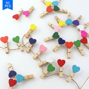 80 Pieces Wooden Heart Clothespins Mini Heart Photo Clips Colorful Small Clothes Pins for Crafts Picture Paper Hanging Natural Wooden Clothespins with Jute Twine for Wedding Party Photos Display