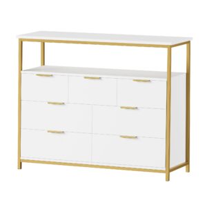 FACBOTALL Modern 7 Drawer Dresser, White Dresser with Metal Handles, White and Gold Dresser, Tall Dresser Chest of Drawers, Large Capacity Chest Storage Organizer for Living Room, Entryway, White.