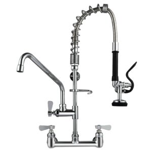 aplwy 25" height commercial faucet wall mount with sprayer 8" adjustable center 12" swing spout, wall mount kitchen sink faucet with pull down pre-rinse sprayer for 1/2 compartment sink