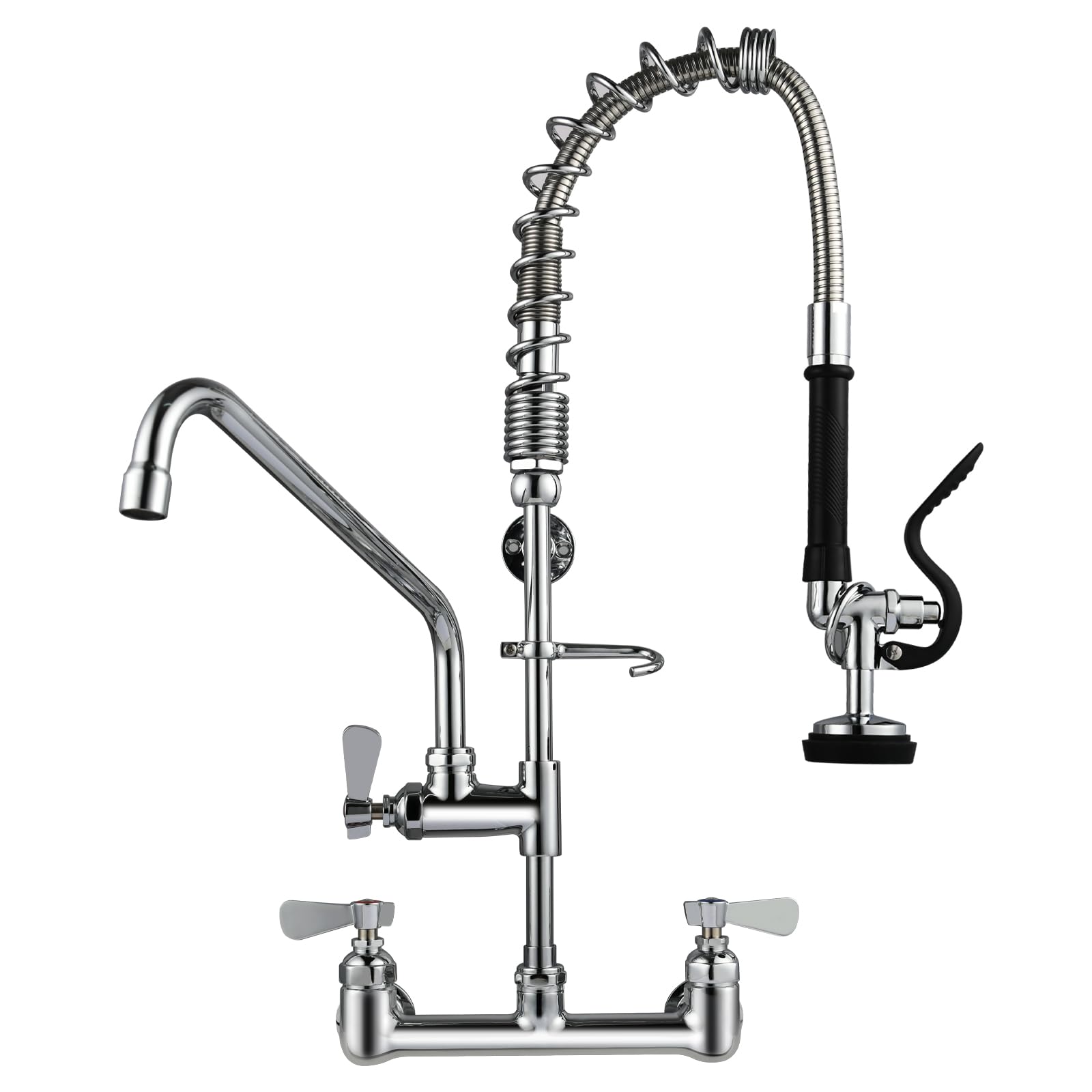 APLWY 25" Height Commercial Faucet Wall Mount with Sprayer 8" Adjustable Center 12" Swing Spout, Wall Mount Kitchen Sink Faucet with Pull Down Pre-Rinse Sprayer for 1/2 Compartment Sink