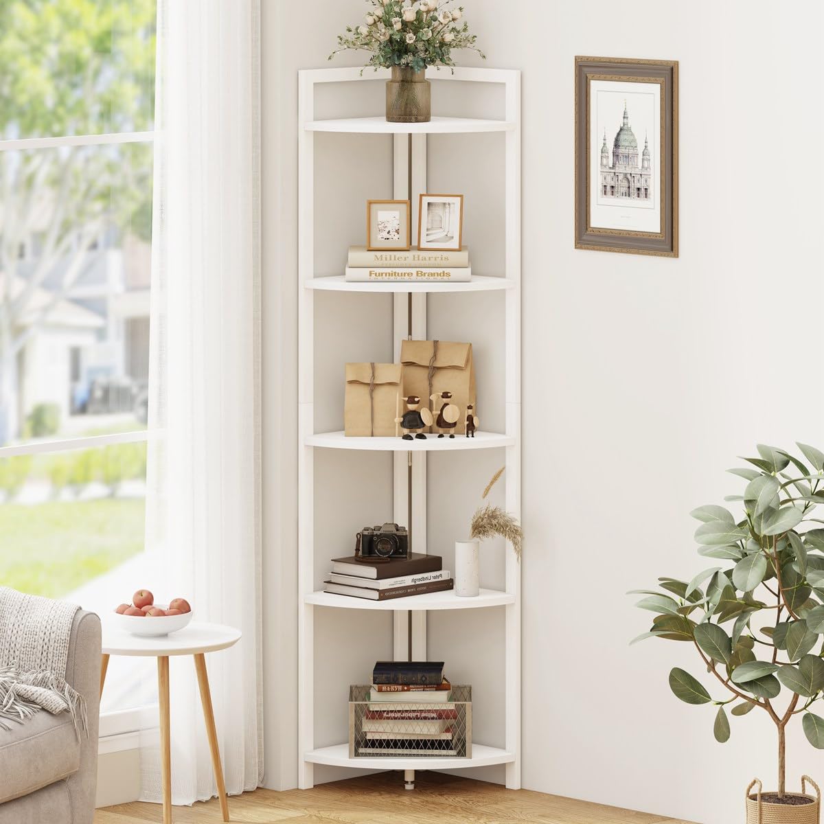 FATORRI Tall Corner Shelf, 5 Tier Modern Corner Bookshelf Stand, Wood and Metal Corner Plant Bookcase for Living Room, Corner Space (White Oak)