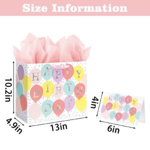 13" Large Happy Birthday Gift Bag with Tissue Paper and Card for Girls Kids Women Birthday (Colourful Balloon)