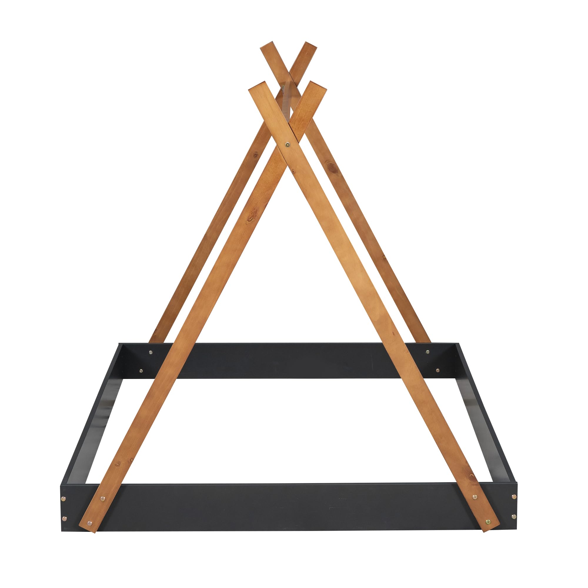 Harper & Bright Designs Full Size Teepee Bed for Kids,Full Floor Bed Frame with Triangle Structure,Wood Montessori Floor Bed for Girls Boys Bedroom Furniture,Black+Brown