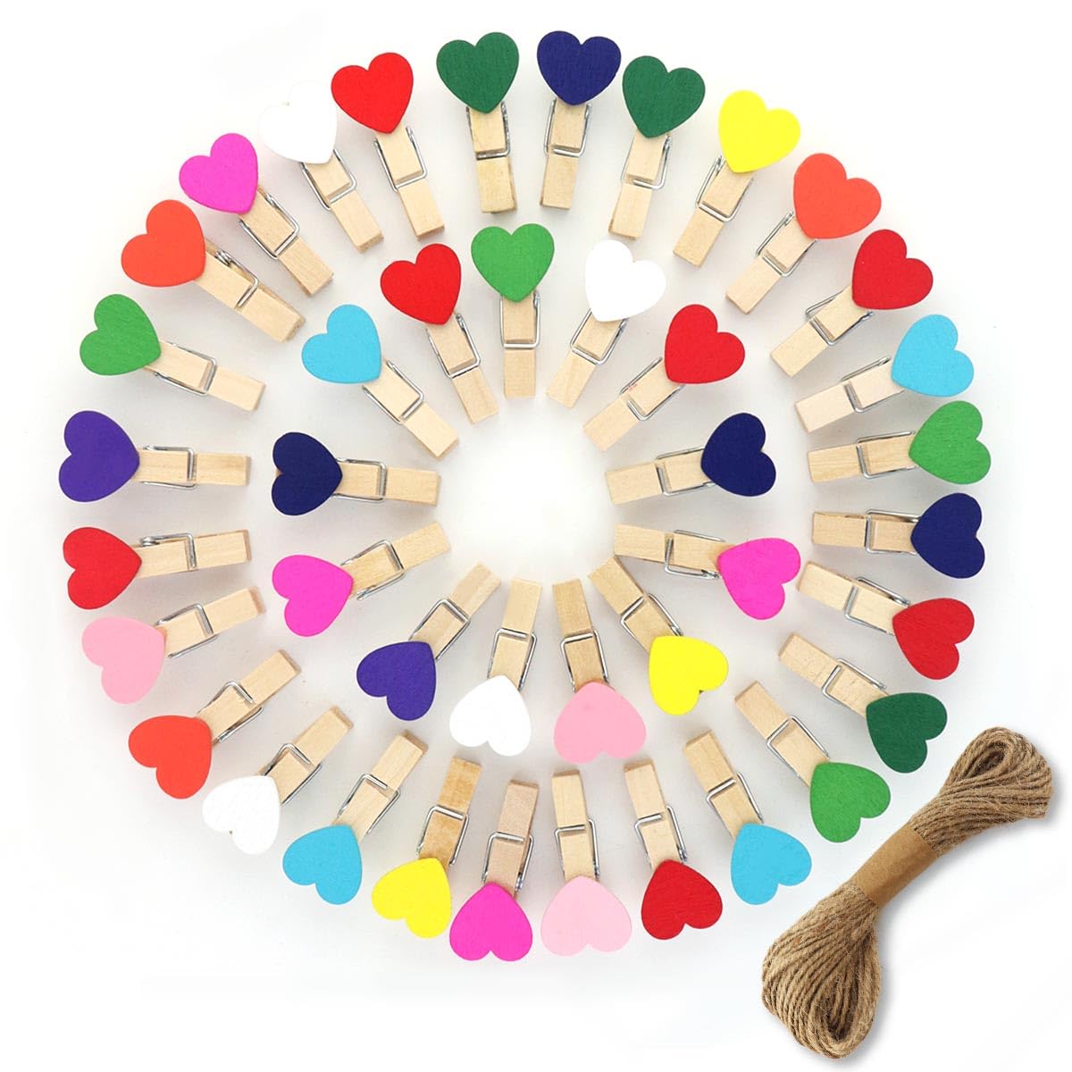 80 Pieces Wooden Heart Clothespins Mini Heart Photo Clips Colorful Small Clothes Pins for Crafts Picture Paper Hanging Natural Wooden Clothespins with Jute Twine for Wedding Party Photos Display