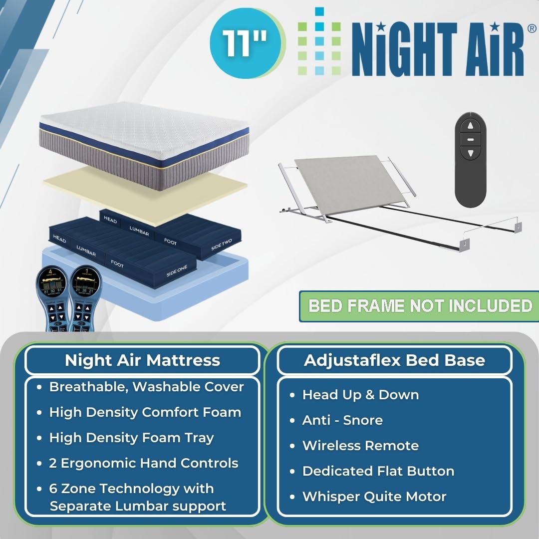 Night Air 11" Queen Size Smart Zone Bed Includes Head-Up Adjustable Power Base, 6 Adjustable Sleep Comfort Zones, Separate Lumbar Control, High Density Comfort Foam, Mattress Frame NOT Included