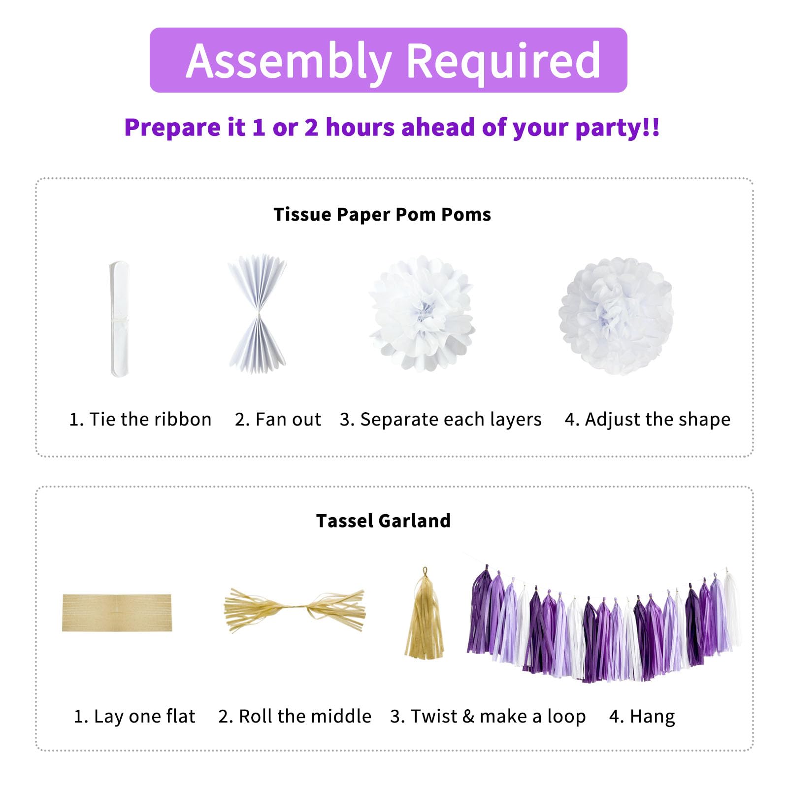 ANSOMO Purple Happy Birthday Party Decorations Dark Light Pastel Purple Lilac Violet Lavender White Tissue Paper Pom Poms Tassel Garland Banner Balloons Décor Supplies Women Girls Her